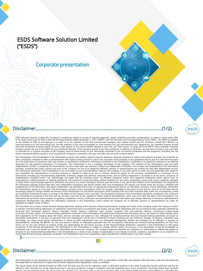 ESDS - Roadshow Presentation - Investors | PDF | Cloud Computing | Software As A Service