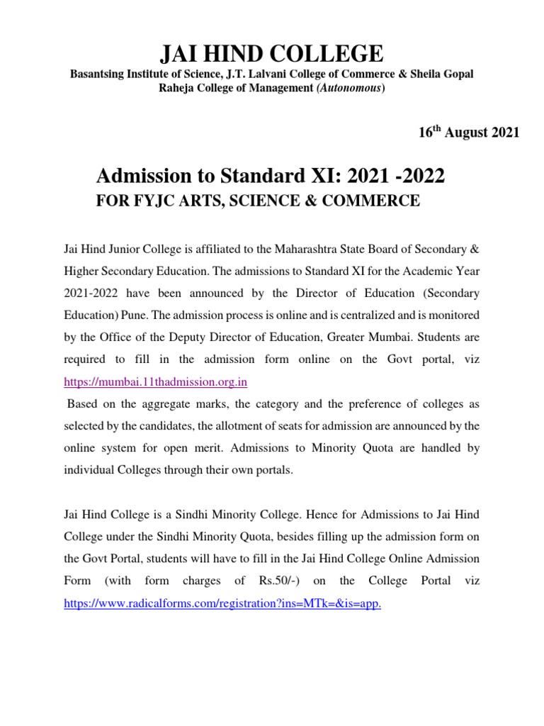 Jai Hind College FYJC Admissions 2021 | PDF | Receipt | Payments