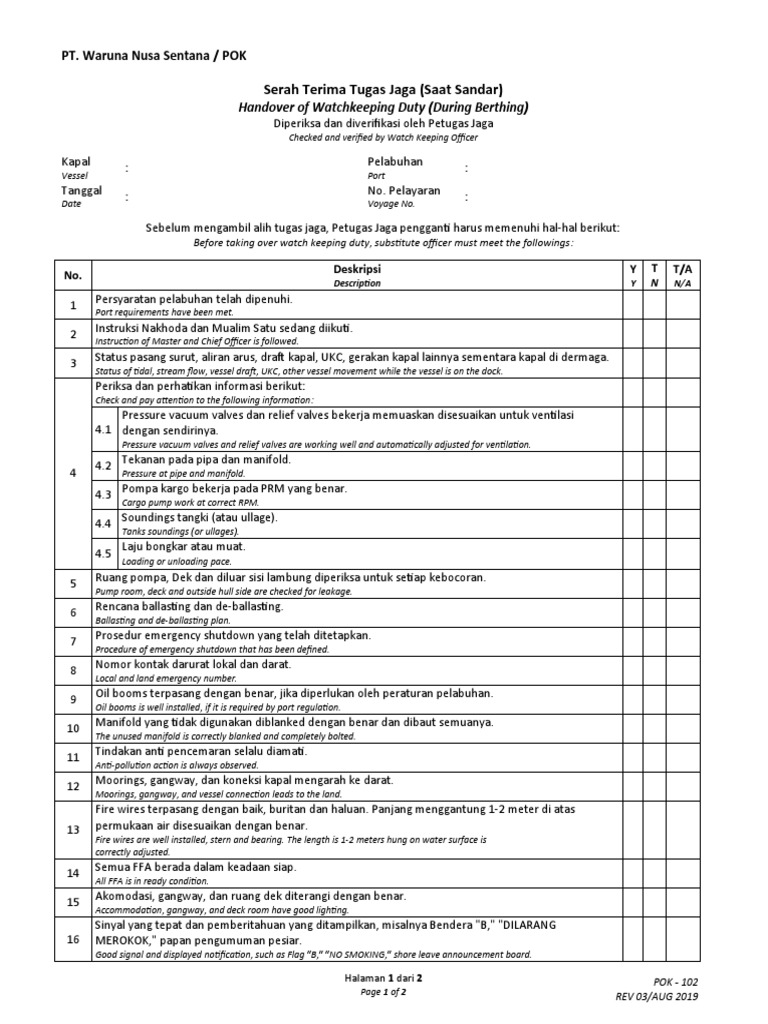 102 - Handover of Watchkeeping Duty (During Berthing) | PDF