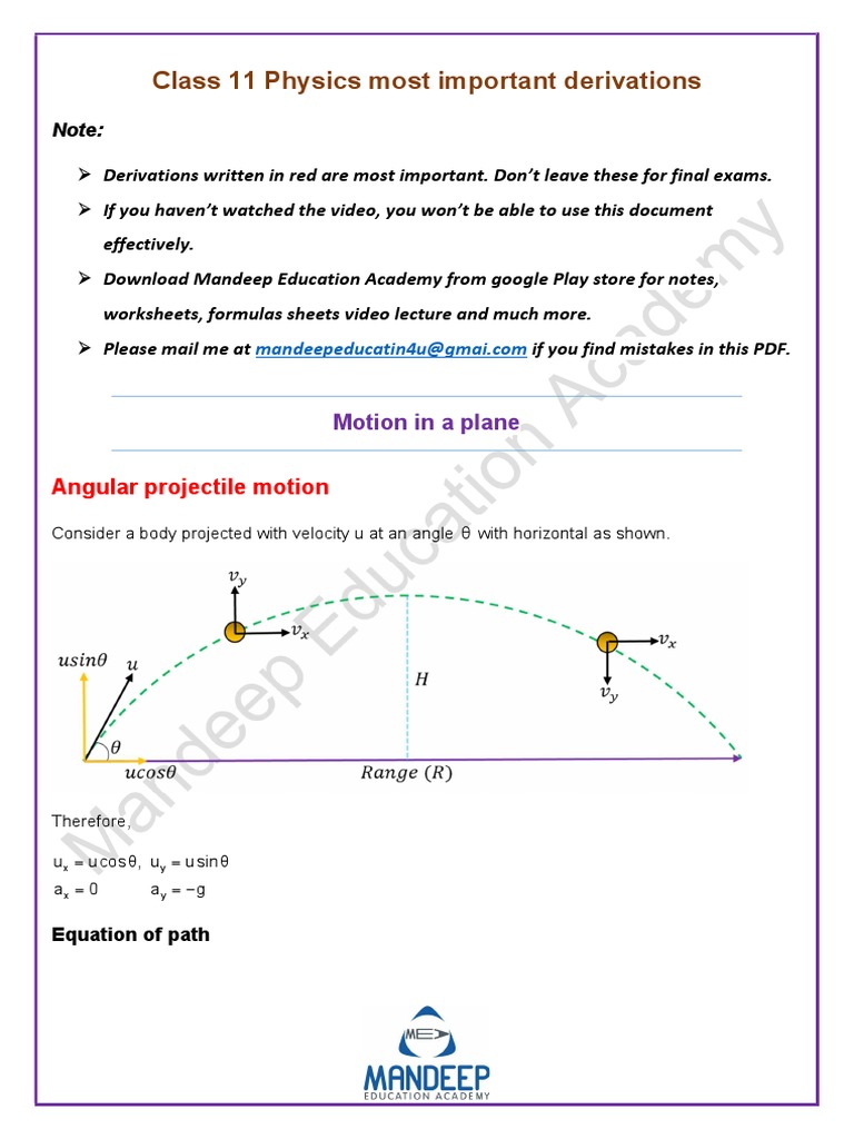 Class 11 Physics Most Important Derivations | PDF | Rotation Around A Fixed Axis | Force