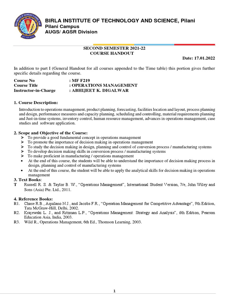 Operations Management Handout | PDF