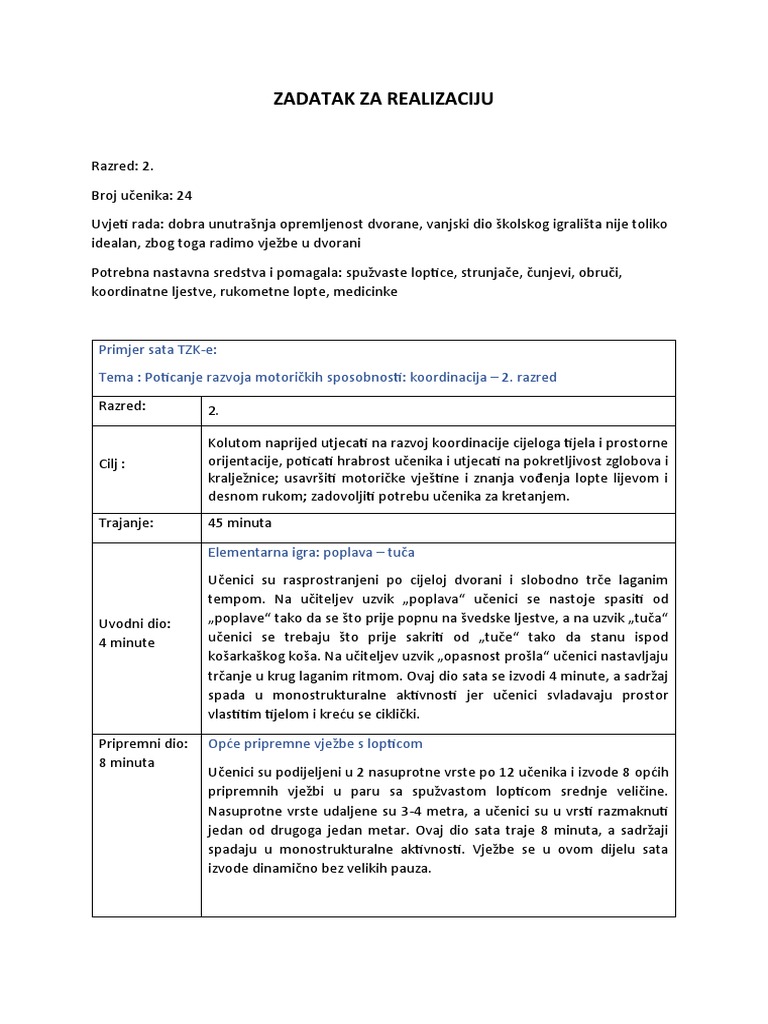 Kineziologija - Zadatak Za Realizaciju | PDF