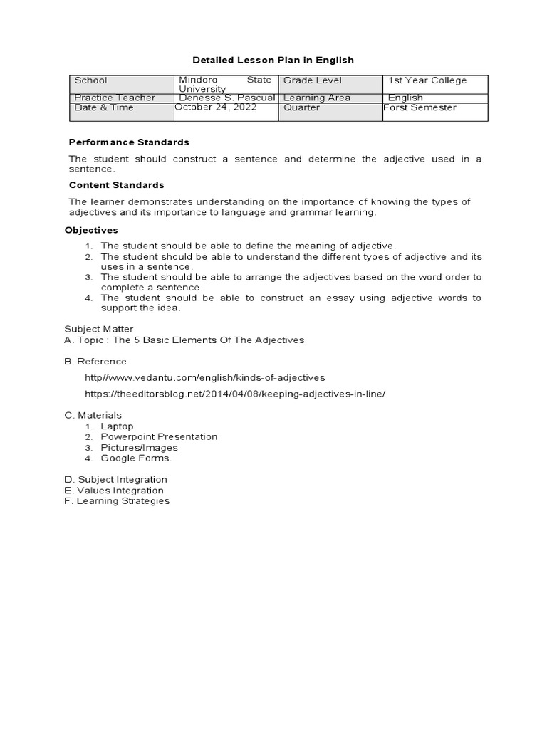 Detailed Lesson Plan in English - Adjectives | PDF