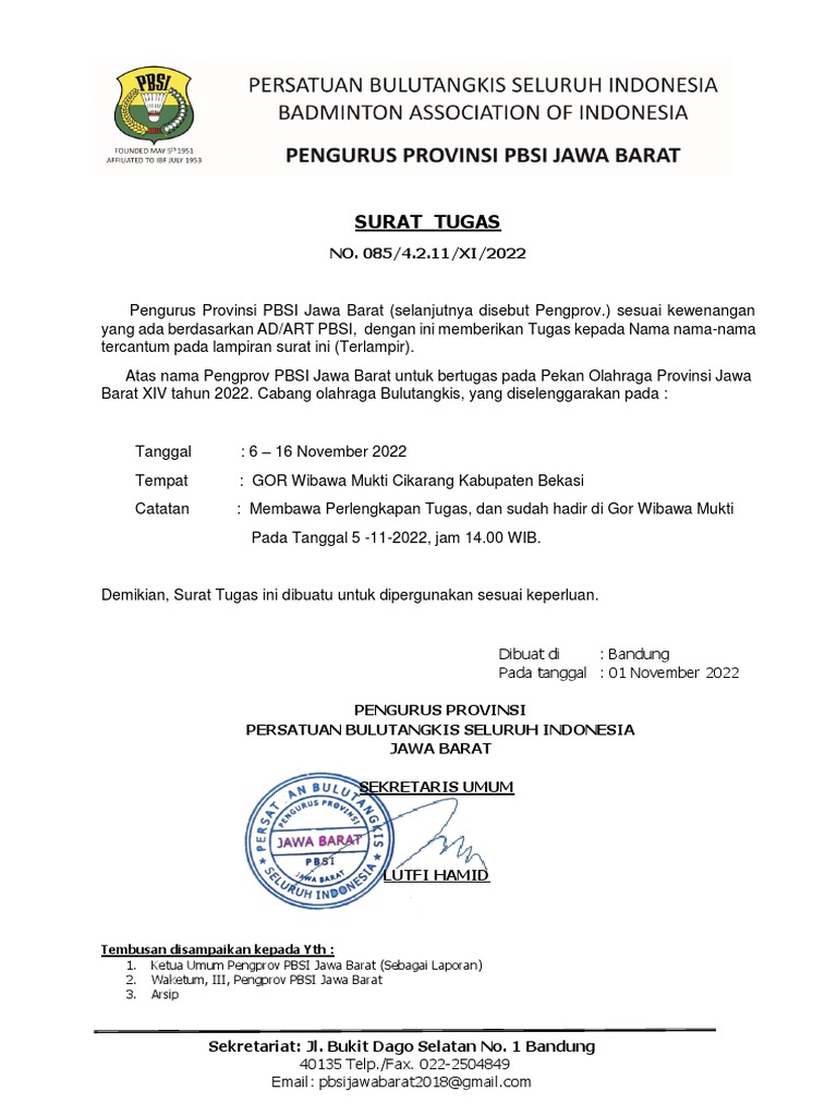 085 Surat Tugas Porprov 2022 | PDF