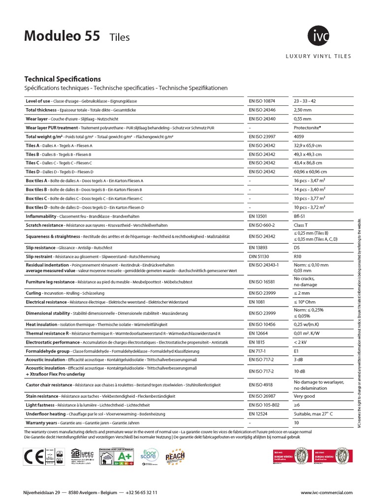 IVC LVT - Technical Specifications - Moduleo 55 Tiles - A4 | PDF | Résistance (électricité ...