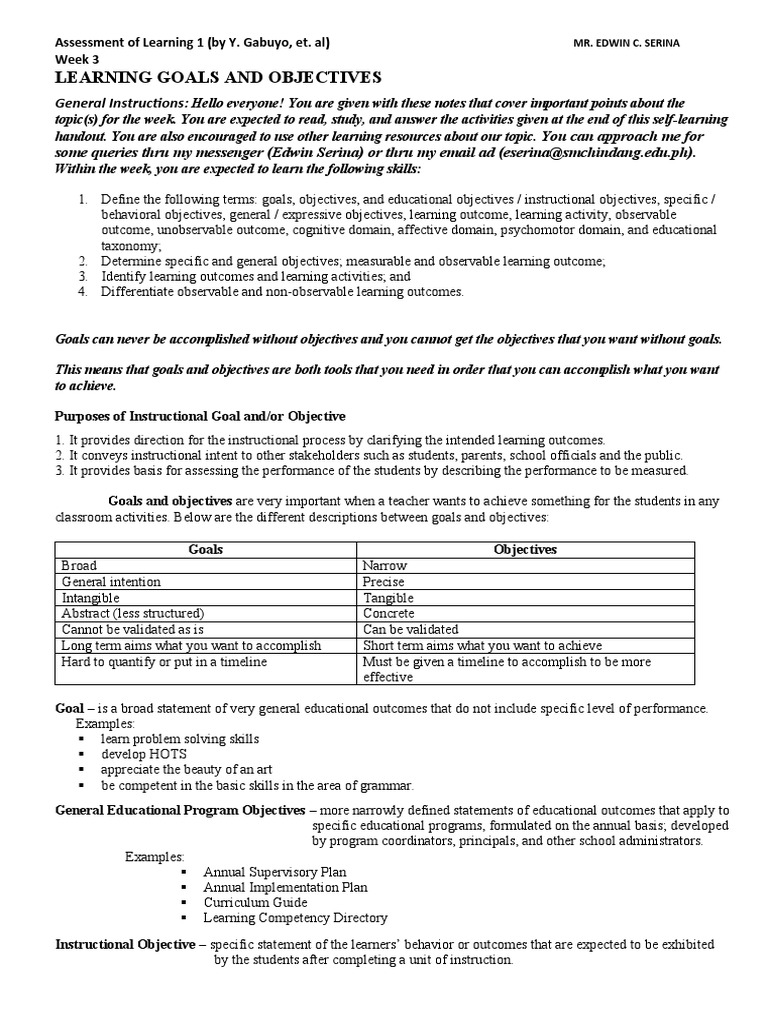 Assessment in Learning 1 Lesson 3: Learning Goals and Objectives | Download Free PDF | Learning ...