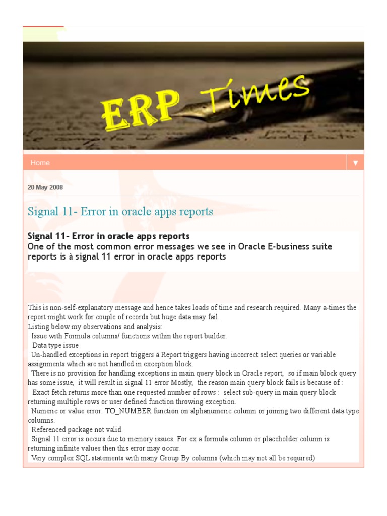 ERP Times - Signal 11 - Error in Oracle Apps Reports | PDF | Operating ...
