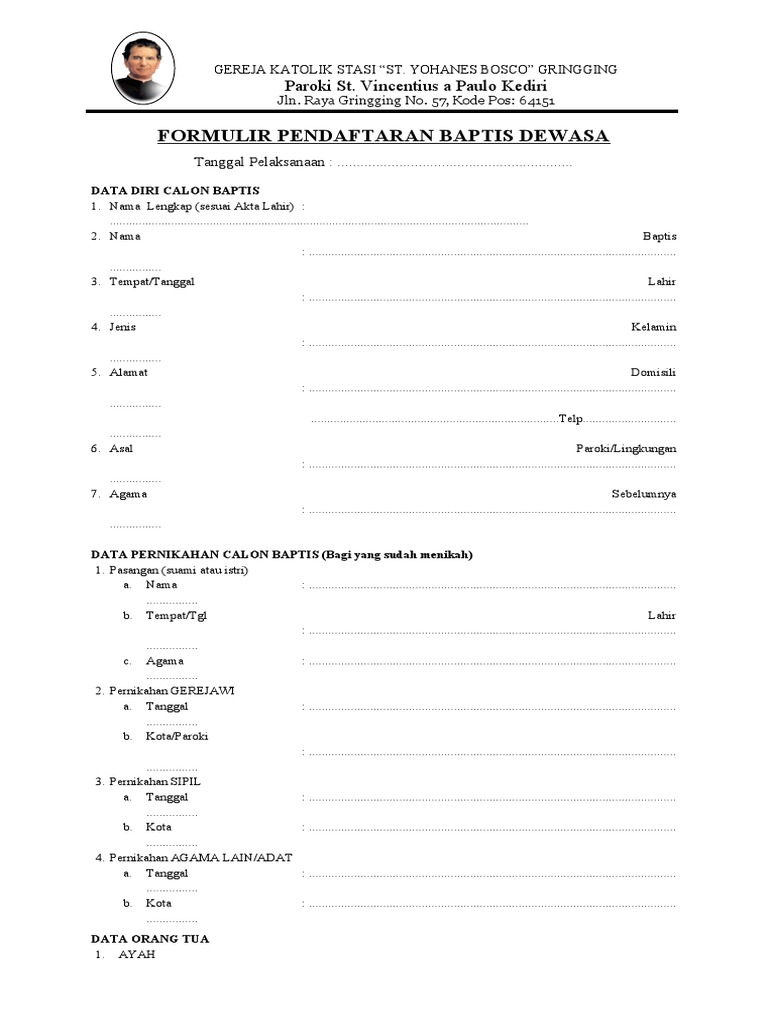 Formulir Pendaftaran Baptis Dewasa | PDF | Griya & Taman
