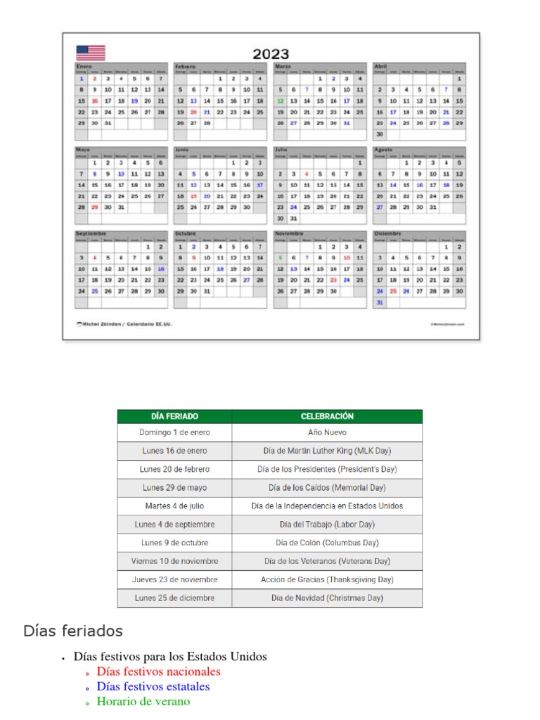 Calendario Dias Festivos USA | PDF
