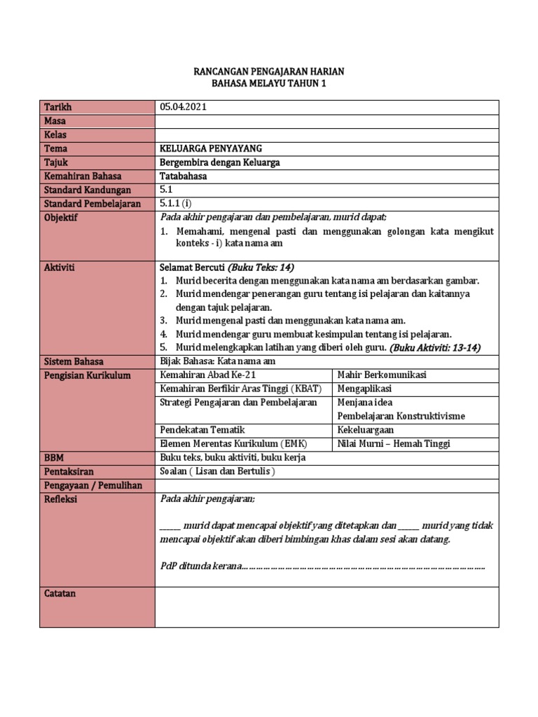 RPH BM Tahun 1 | PDF