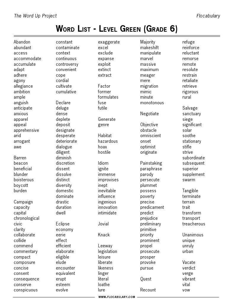 Word Up Green Word List6th | PDF | Language Arts & Discipline | Wellness