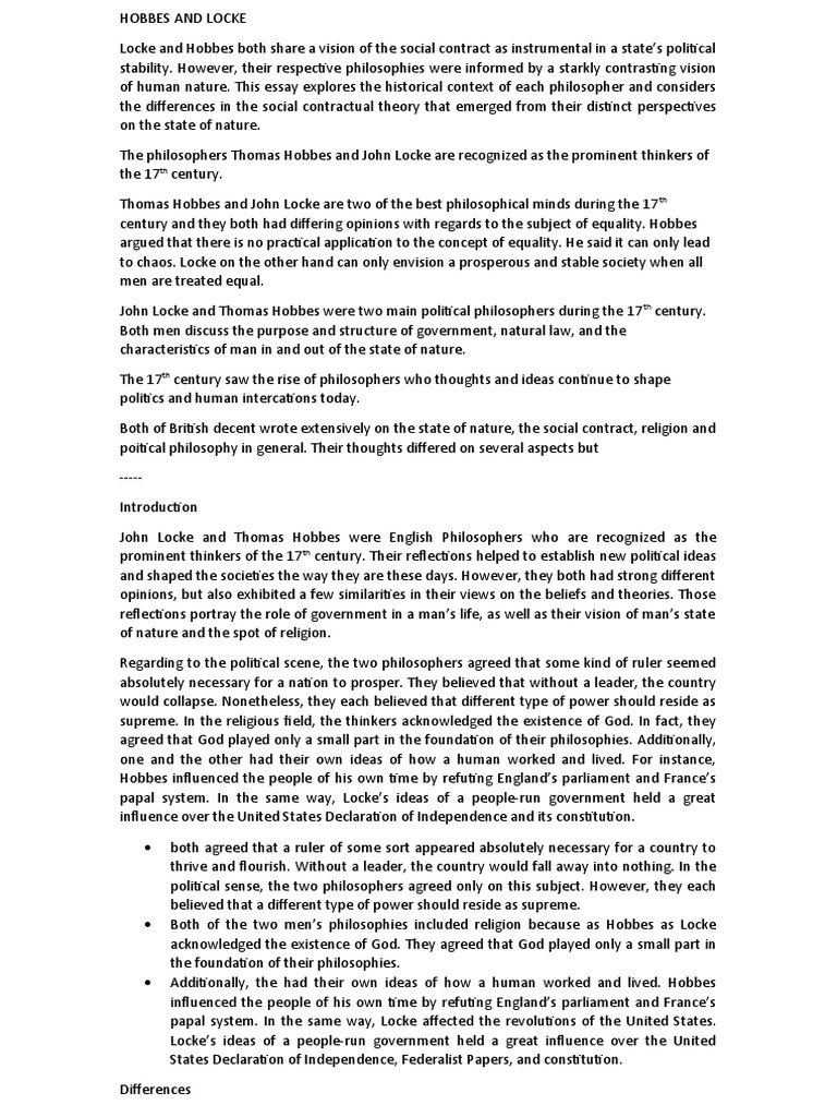 HOBBES AND LOCKE Essay | PDF | John Locke | State (Polity)