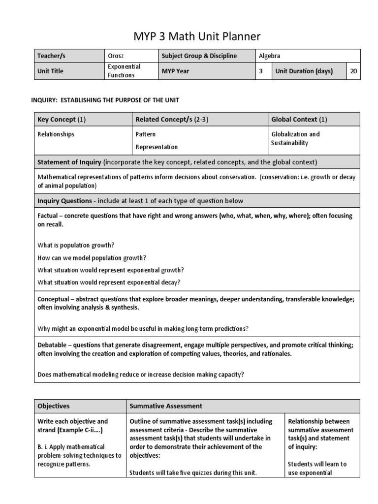 MYP 3 Unit Planner - Exponential Functions | PDF | Mathematics | Learning