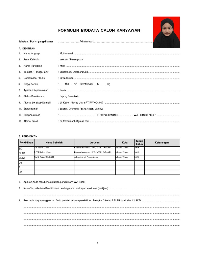 Form Wawancara Calon Karyawan Terlampir - Muthmainah | PDF
