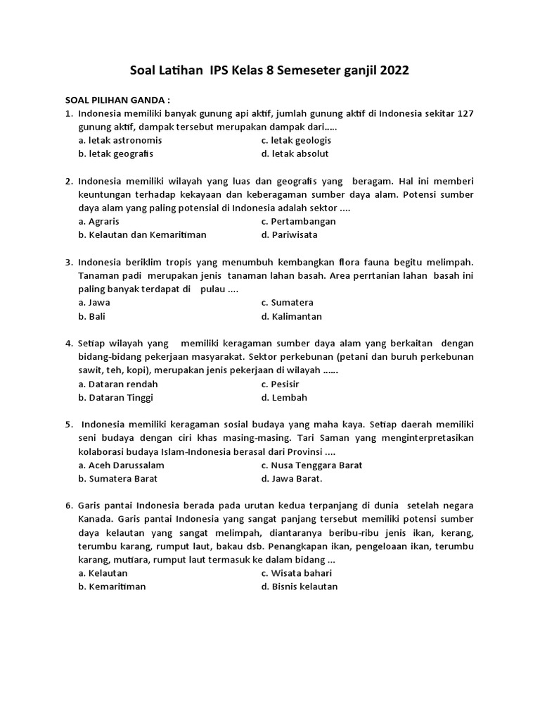 Soal Latihan IPS Kelas 8 Semeseter Ganjil 2022 | PDF