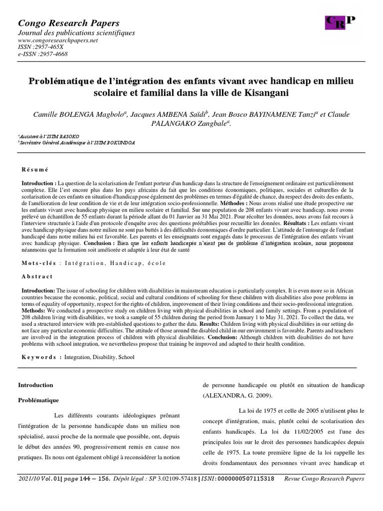 Problématique de l’intégration des enfants vivant avec handicap en ... Problématique de l’intégration des enfants vivant avec handicap en ...