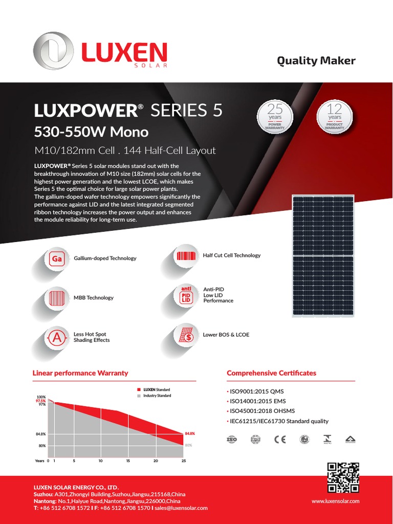 LUXEN SERIES 5 182 MONOFACIAL 144cells 530-550w MONO | PDF