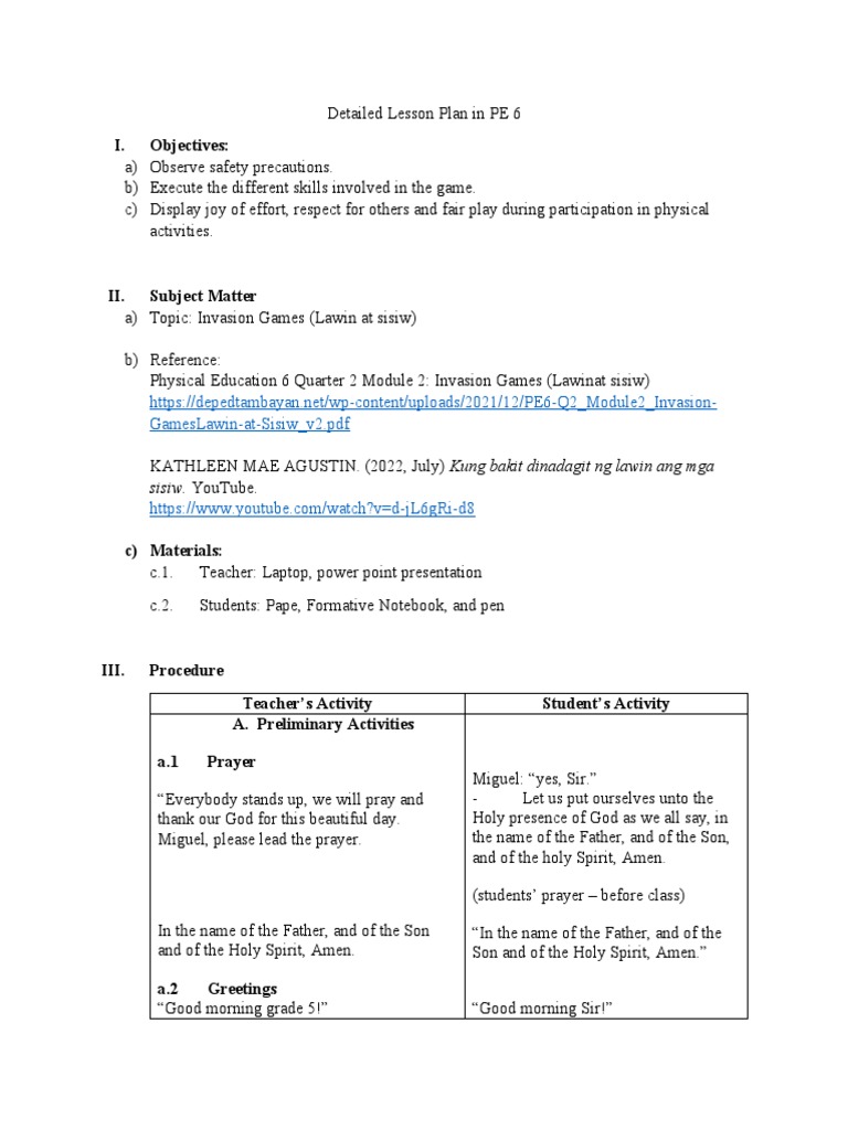 Detailed Lesson Plan in PE 6 | PDF