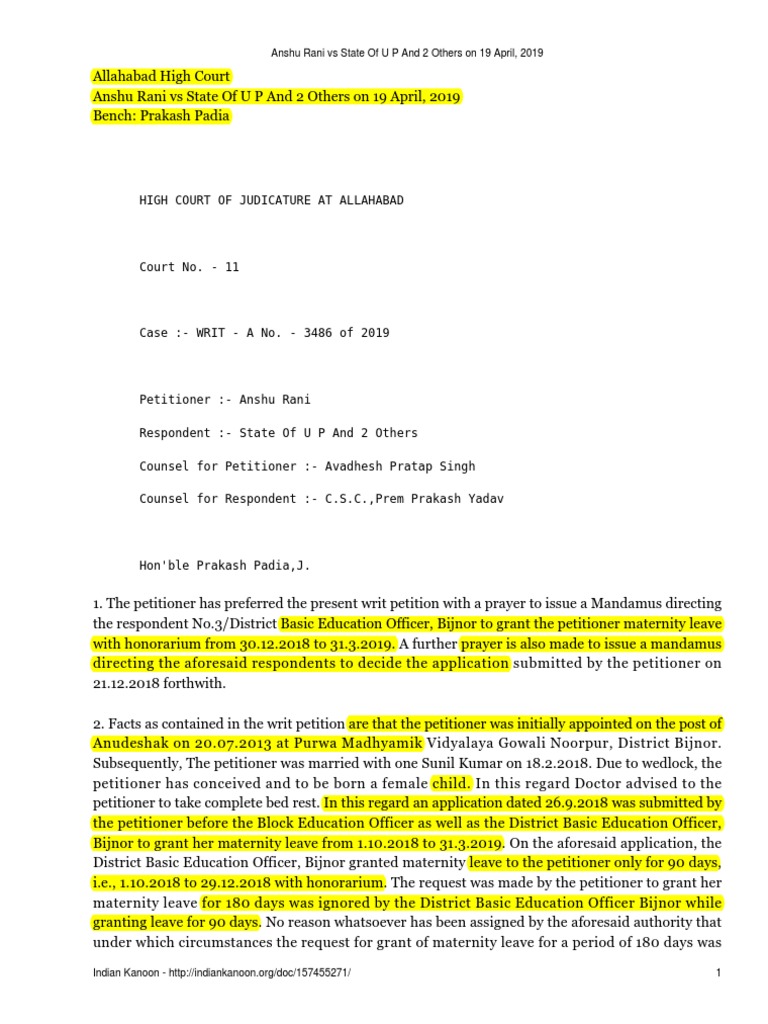 Anshu Rani Vs State of U P and 2 Others On 19 April, 2019 | PDF ...
