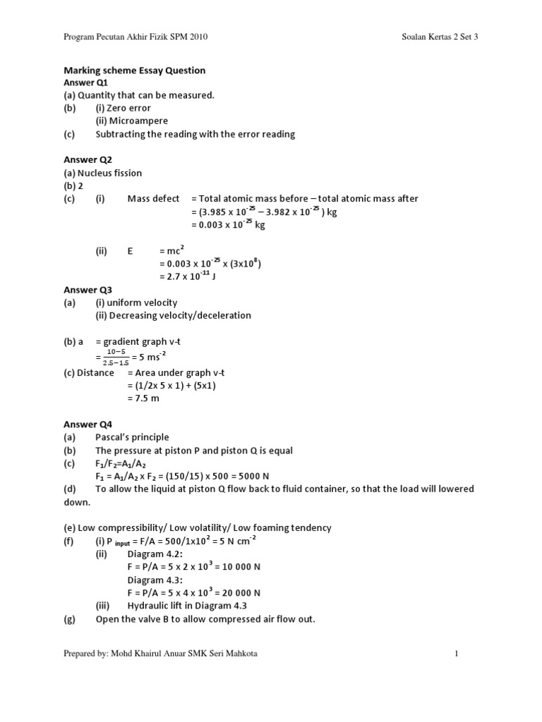 SPM 2010 Physics Paper 2 Solutions | PDF | Pressure | Inductor