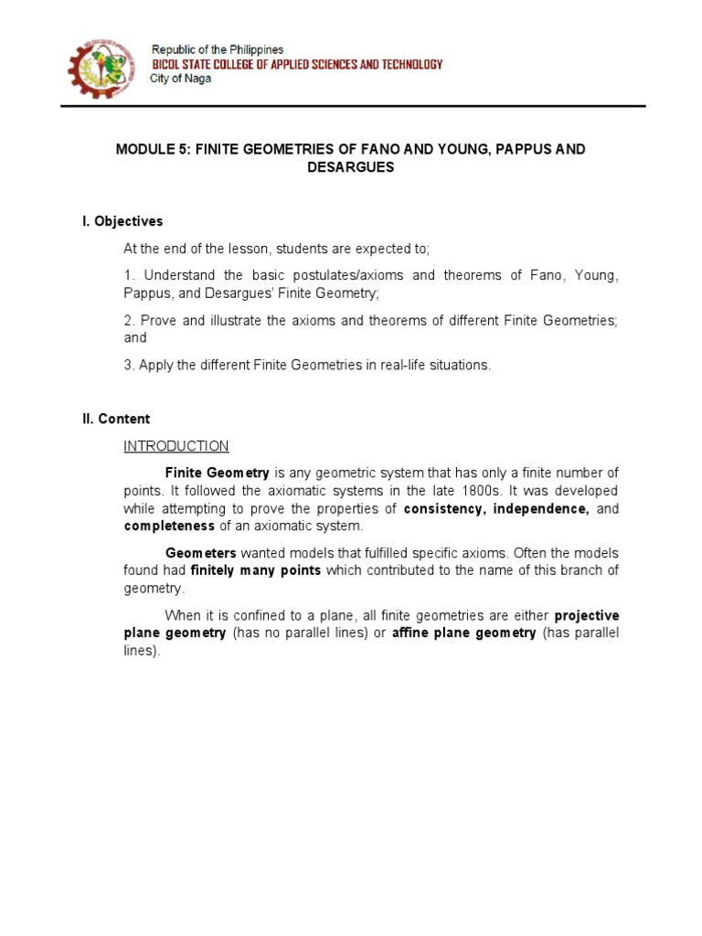 SDLM Module 5 Finite Geometries of Fano and Young Pappus and Desargues ... SDLM Module 5 Finite Geometries of Fano and Young Pappus and Desargues ...