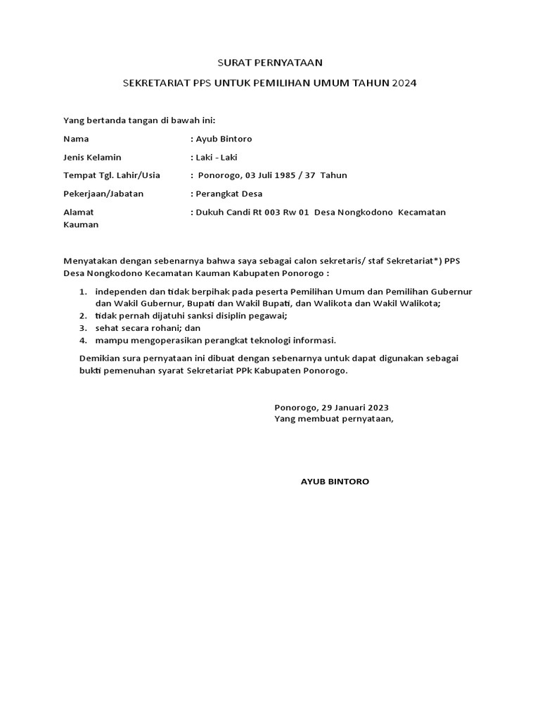 Surat Pernyataan Sekretariat PPS | PDF