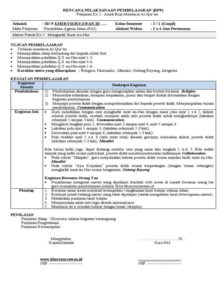 3 - RPP PAI Kls 2 Sem. 1 - WWW - Kherysuryawan.id | PDF | Kajian Bahasa Asing