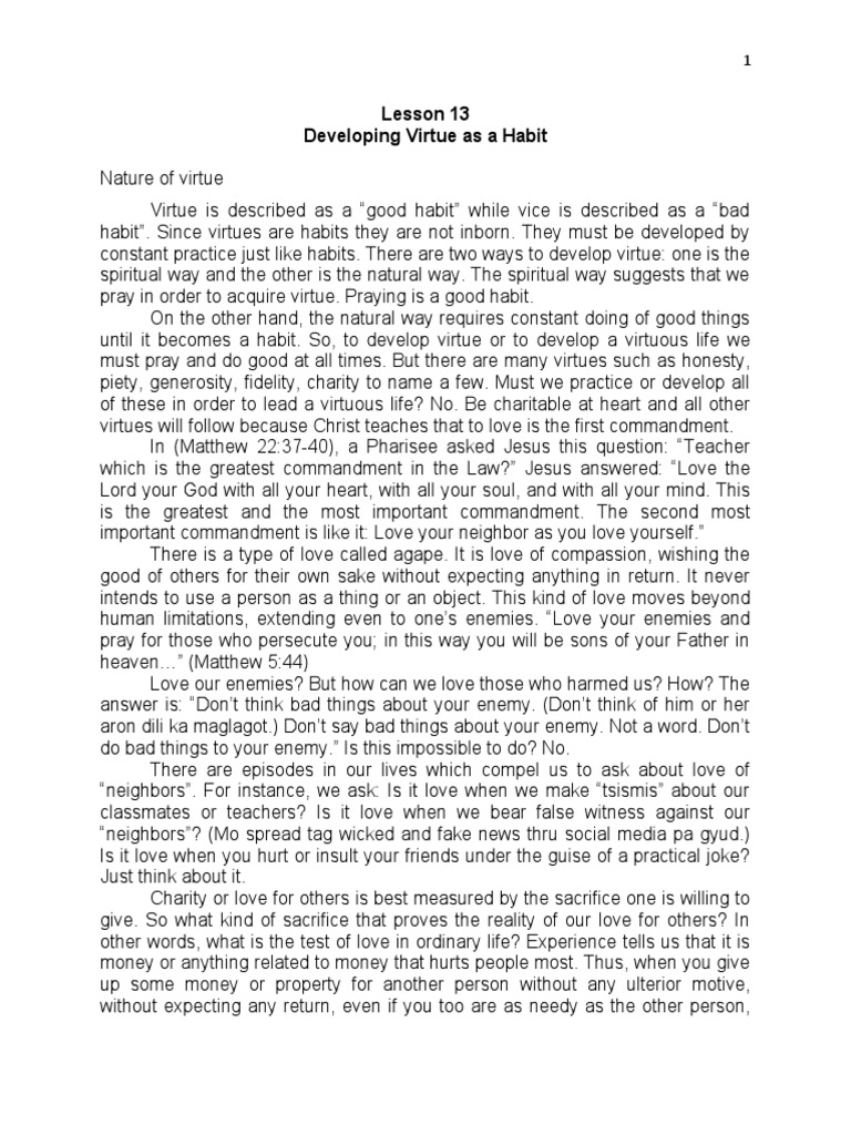 Lesson 13 Developing Virtue As A Habit | PDF | Virtue | Love