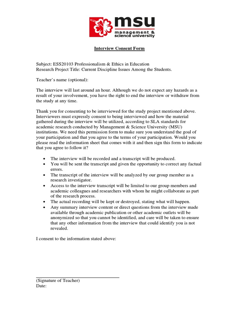 Teacher's Interview Consent Form | PDF | Teachers | Cognition