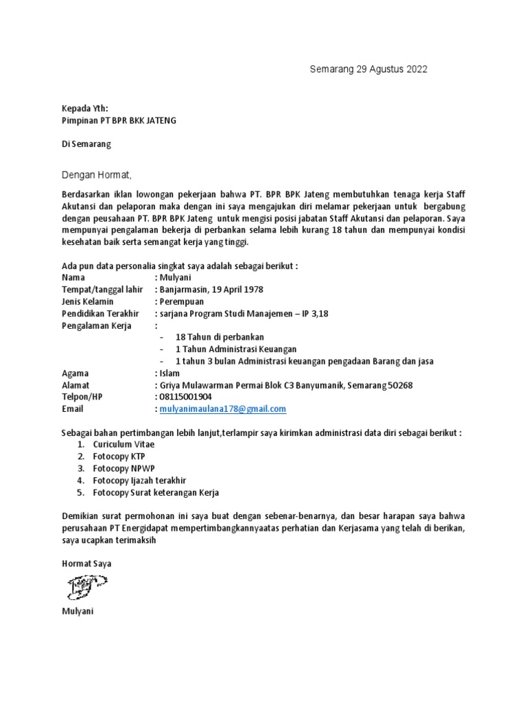 Surat Lamaran Ke PT BPR | PDF