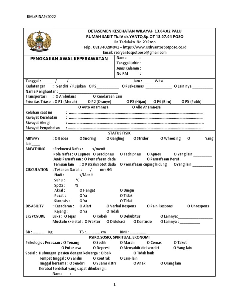 Asesman Awal Perawat Ranap PP1 | PDF