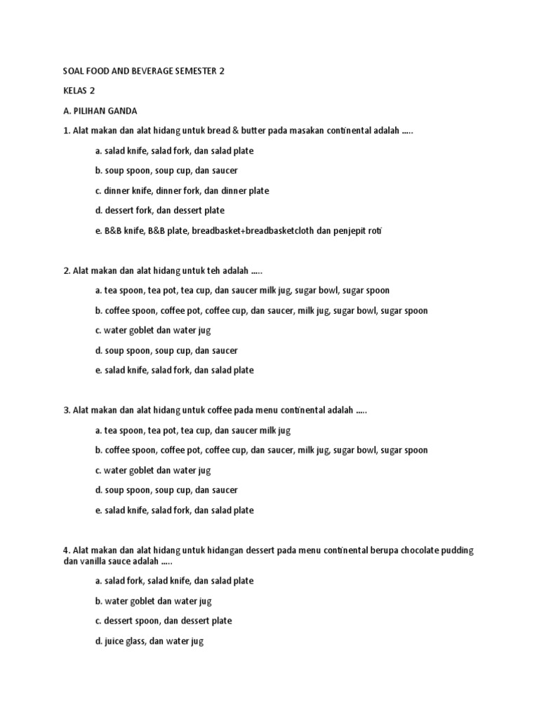 Soal Food and Beverage Semester 2 KLS 2 | PDF