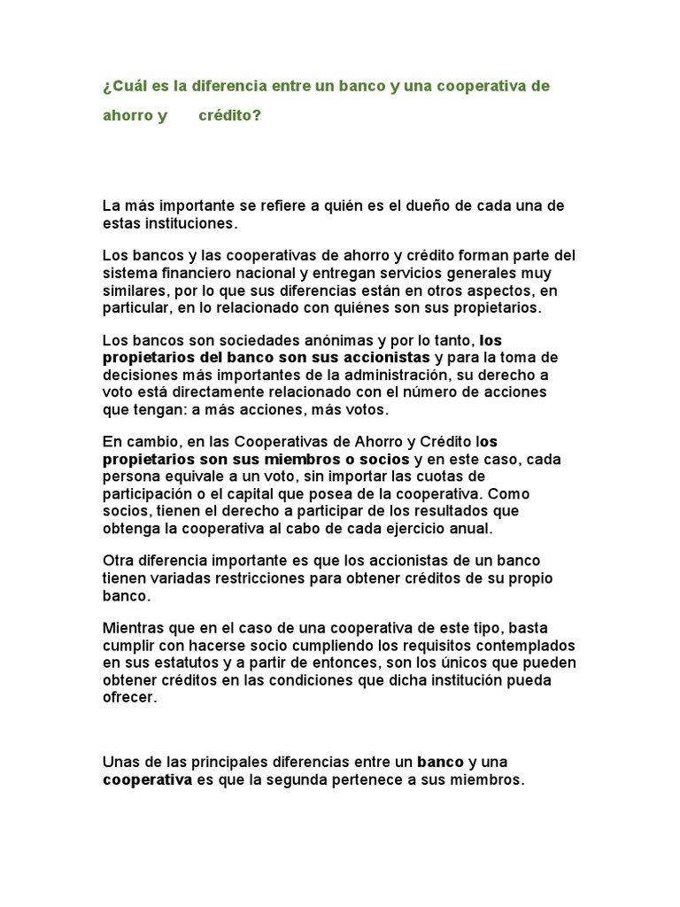 ¿Cuál es la diferencia entre un banco y una cooper | PDF | Cooperativa ...