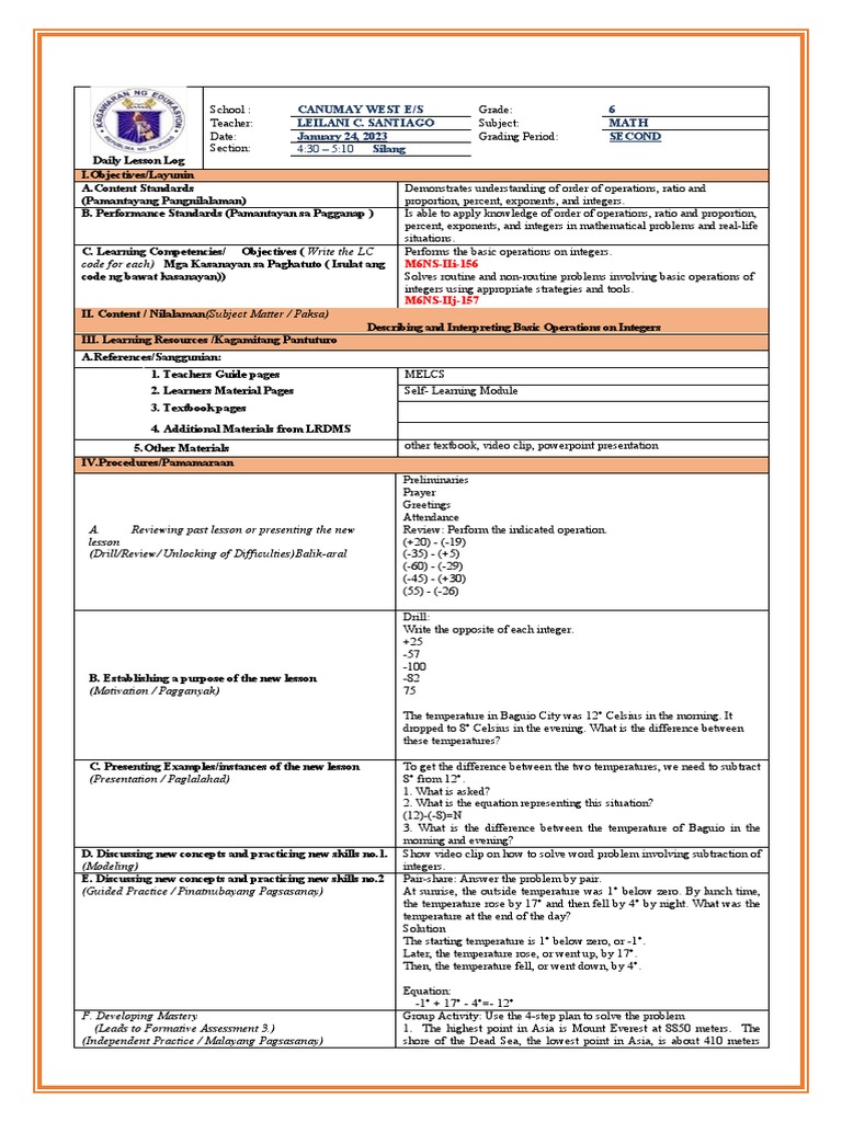 Cwes Math6 DLP Lsantiago Q3W1 | PDF | Percentage | Exponentiation