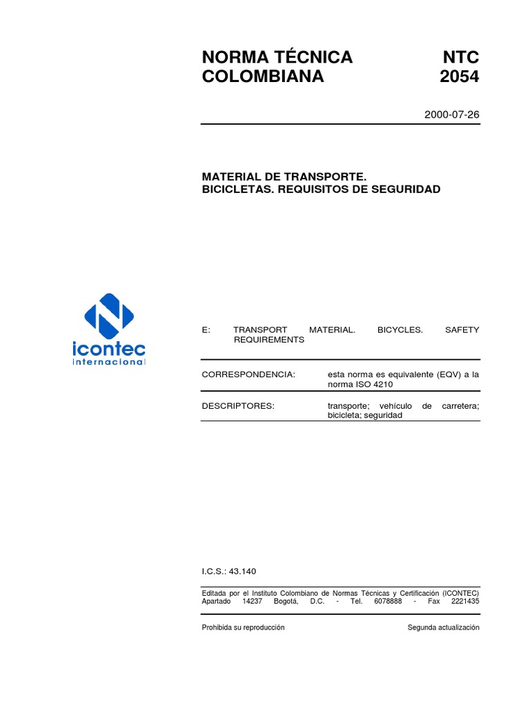 Norma Técnica NTC Colombiana 2054: Material de Transporte. Bicicletas. Requisitos de Seguridad | PDF