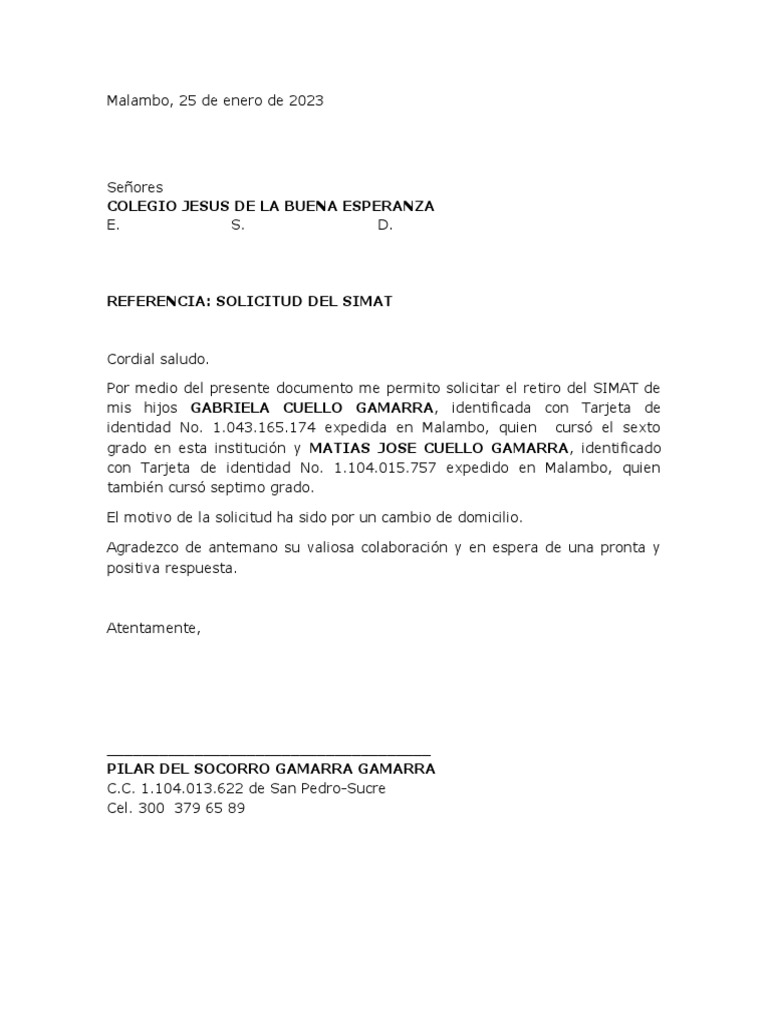Carta Retiro Del Simat | PDF