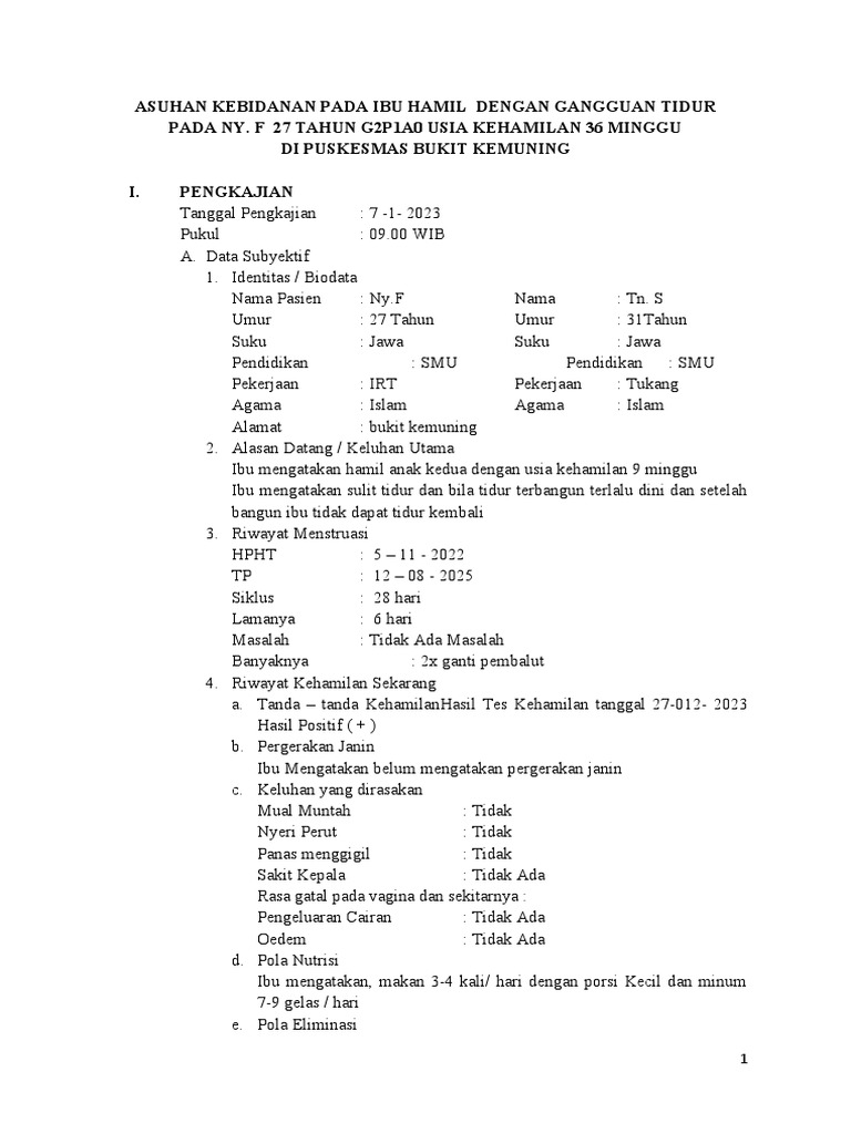 Asuhan Kebidanan Pada Ibu Hamil Dengan Gangguan Tidur Pada Ny. F 27 ...