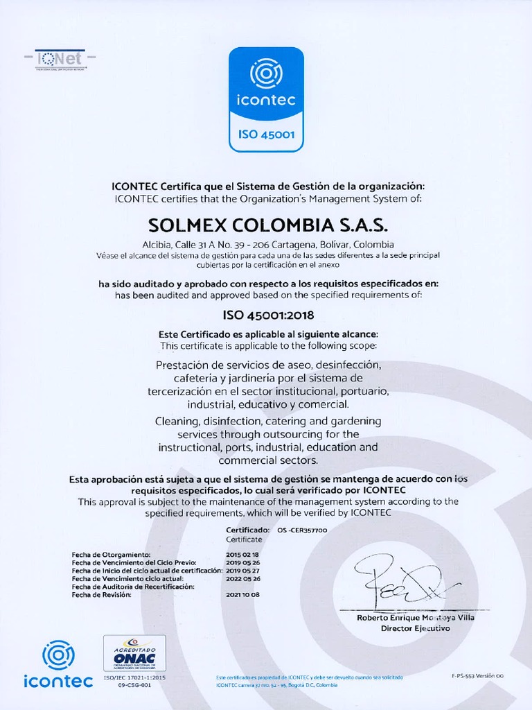 Solmex Colombia Iso45001 | PDF