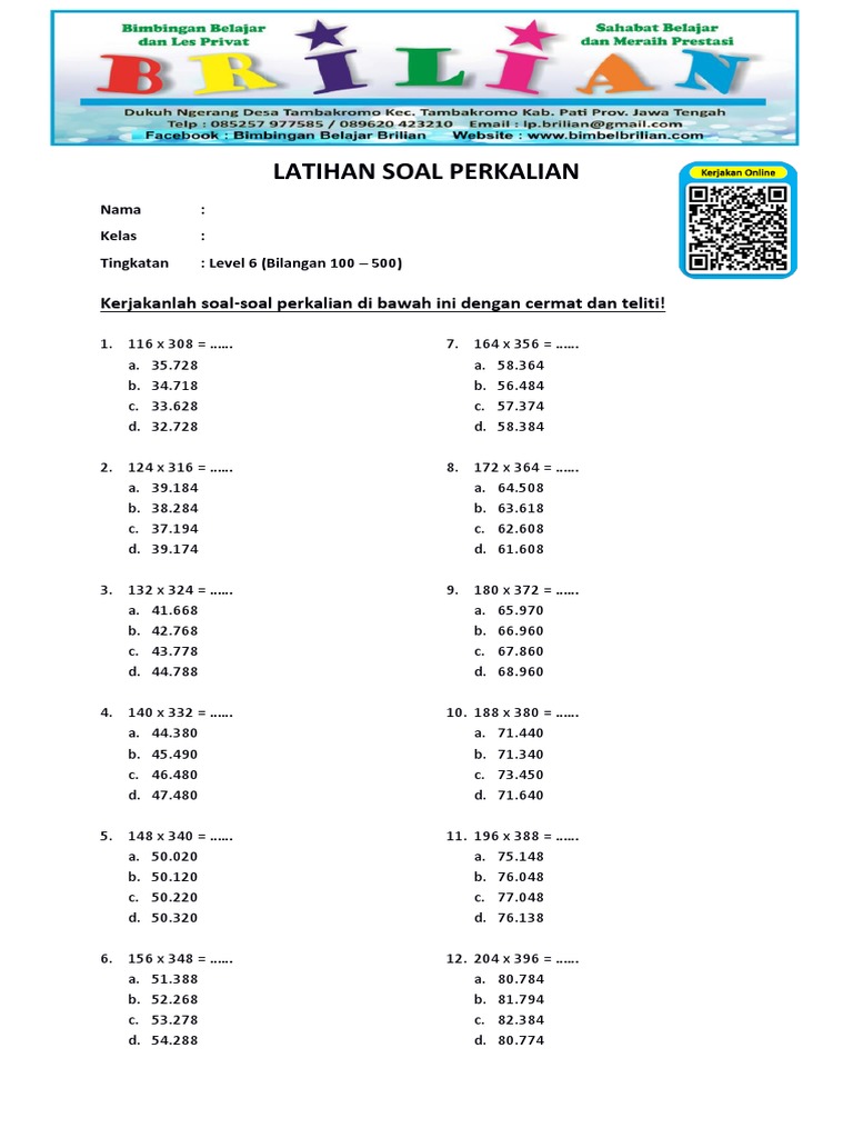 Soal Perkalian Level 6 Bilangan 100 - 500 | PDF
