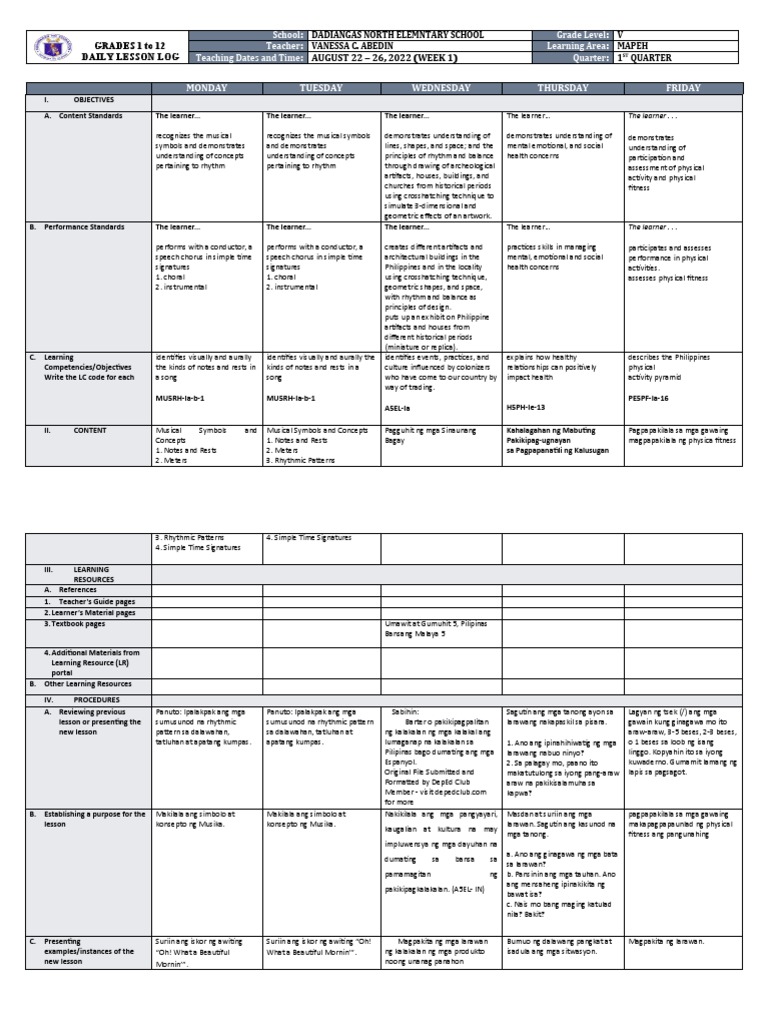 DLL - Mapeh 5 - Q1 - W1 | PDF | Learning | Cognitive Science