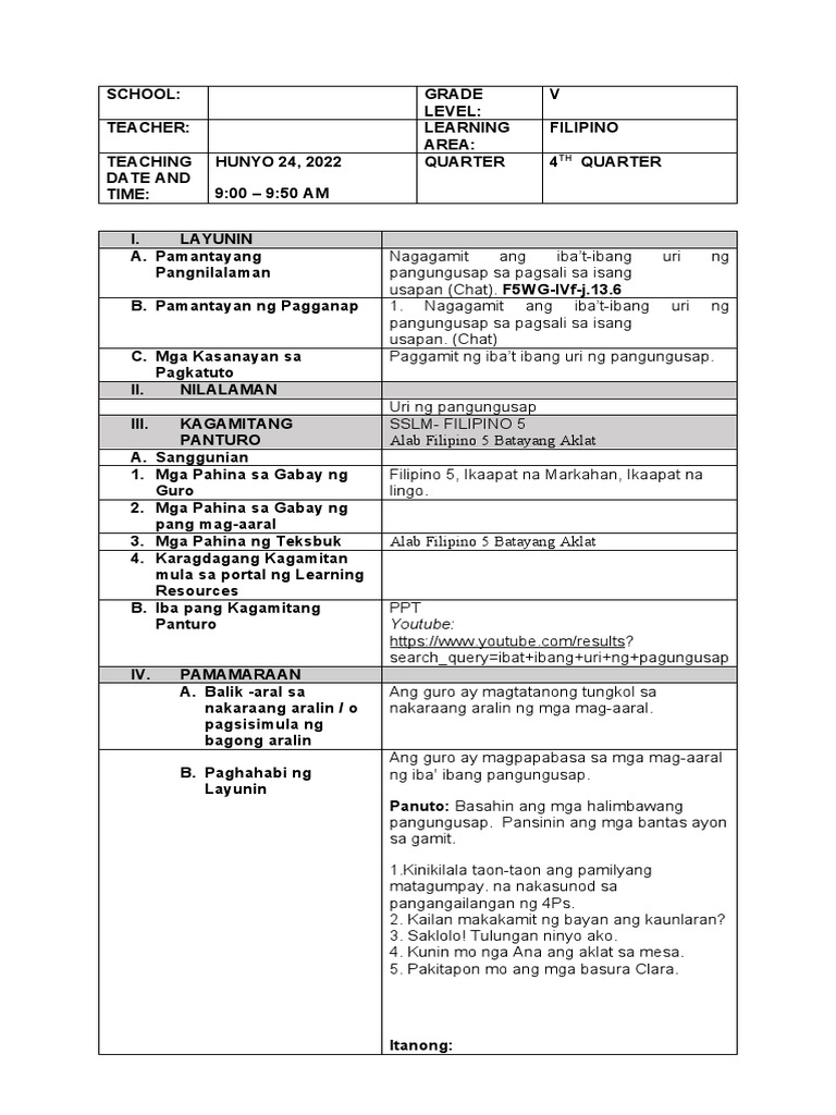 Lesson Plan in Filipino 5 | PDF