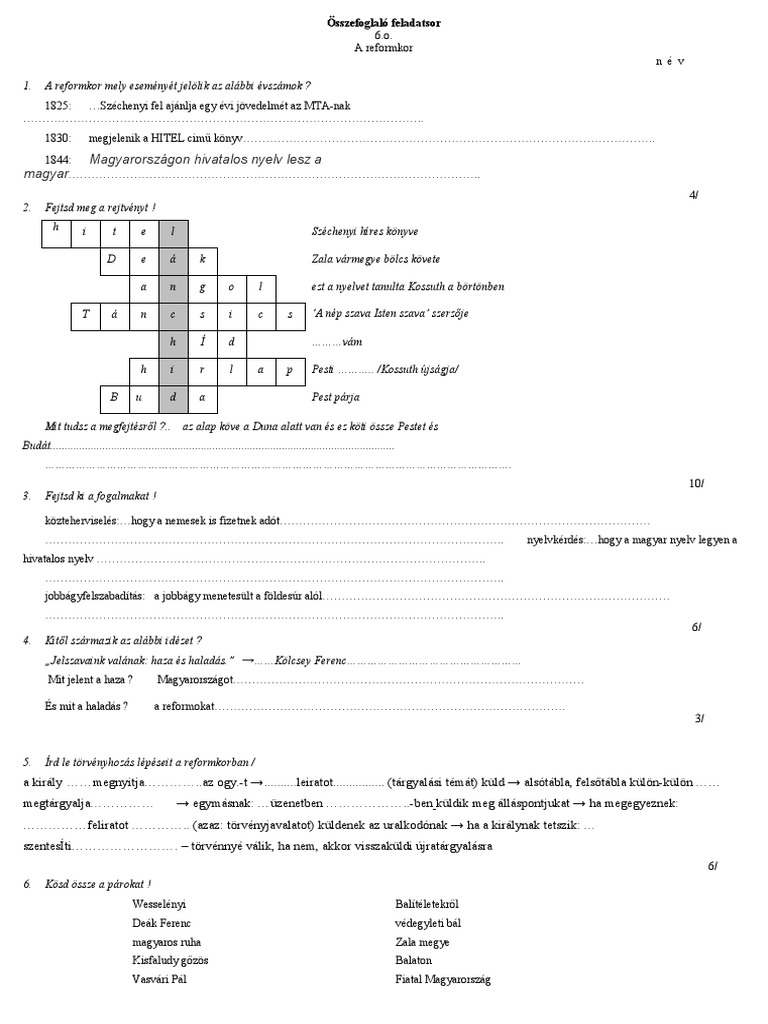 Összefoglaló Feladatsor-Reformkor | PDF