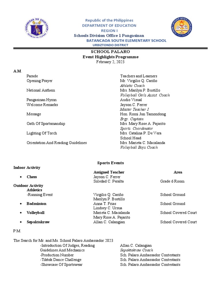 Highlights and Events School Palaro 2023 | PDF | Leisure | Entertainment