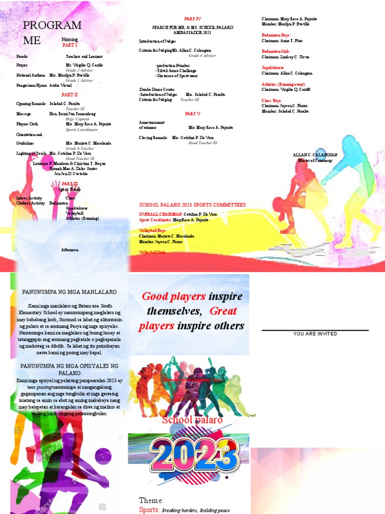 School Palaro 2023 Sports Committees and Schedule of Events | PDF