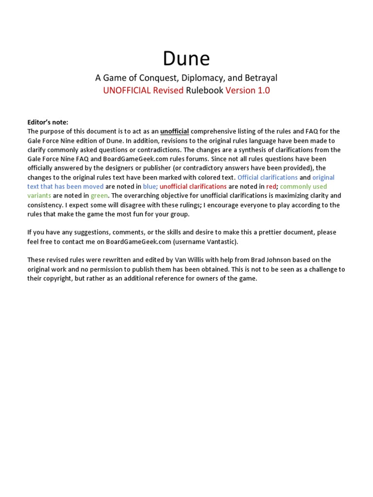 UNOFFICIAL Revised Dune Rulebook v.1.0 | PDF