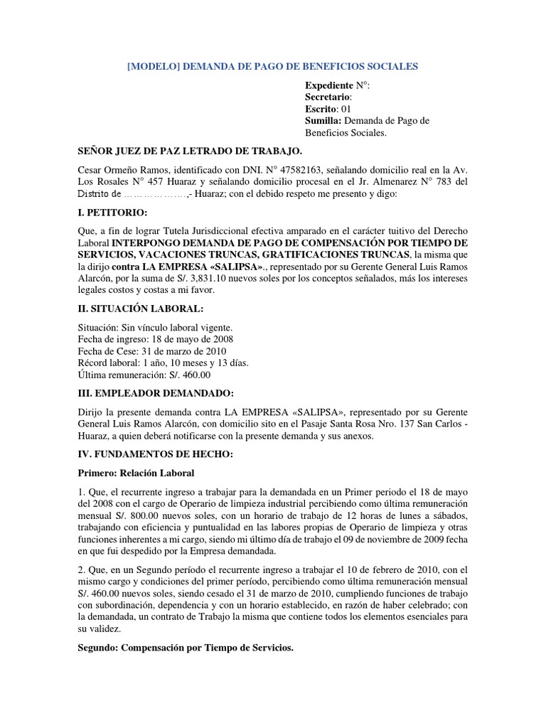 Modelo de Demanda de Pago de Beneficios Sociales | PDF | Salario | Justicia