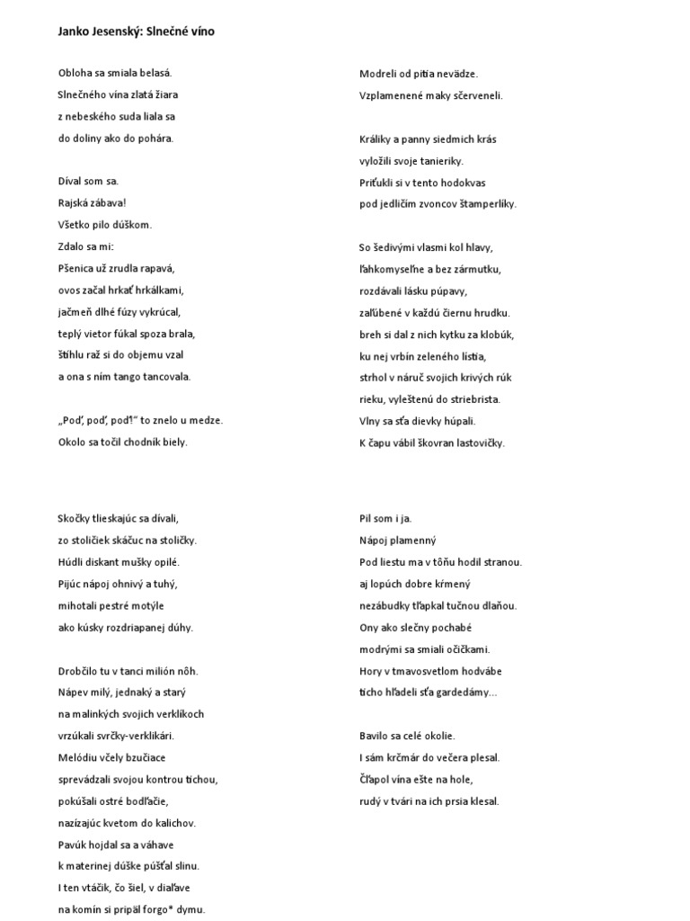 Hviezdoslavov Kubin - Poezia J. Jesensky Slnecne Vino | PDF
