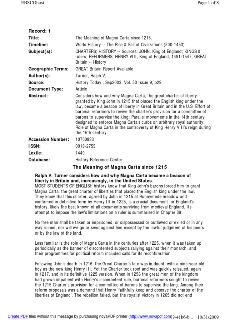 TURNER - The Meaning of Magna Carta. Summary. | PDF