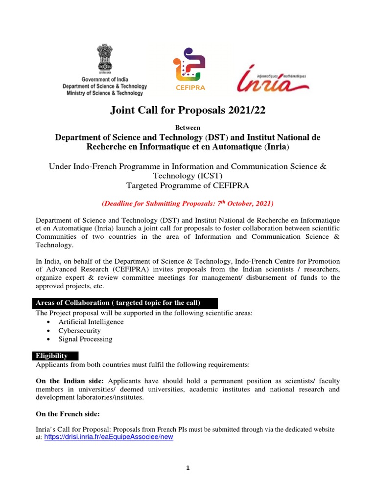 8th Call For Proposals in DST-INRIA Targeted Programme Final | PDF ...