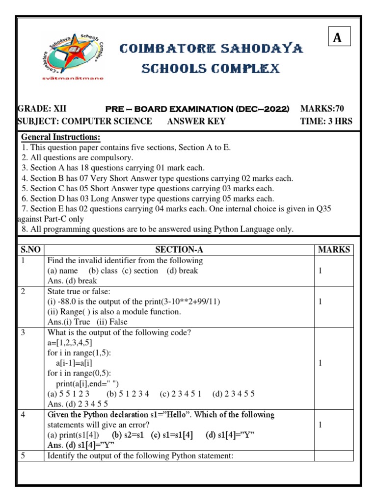XII Computer Science Pre-Board Exam Answer Key | PDF | Computing | Data